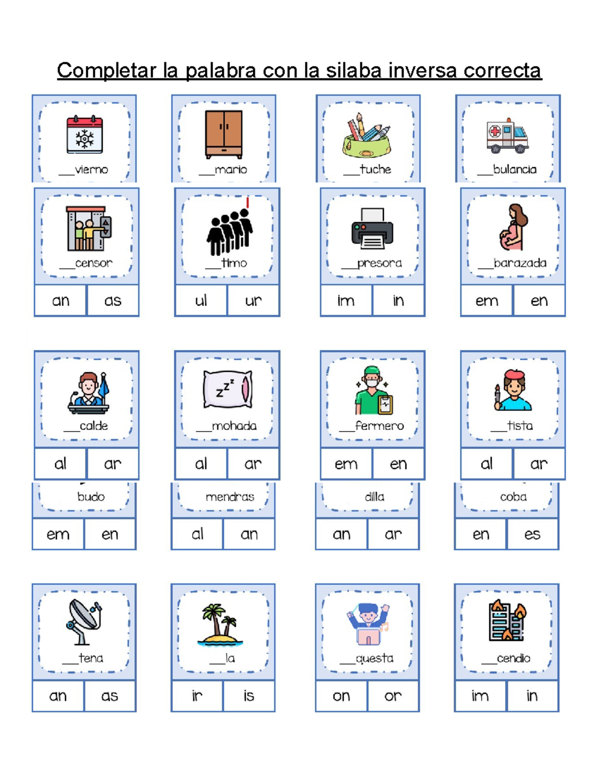 Silaba inversa - TRABAJO PRACTICO - Español - Completar la palabra con ...