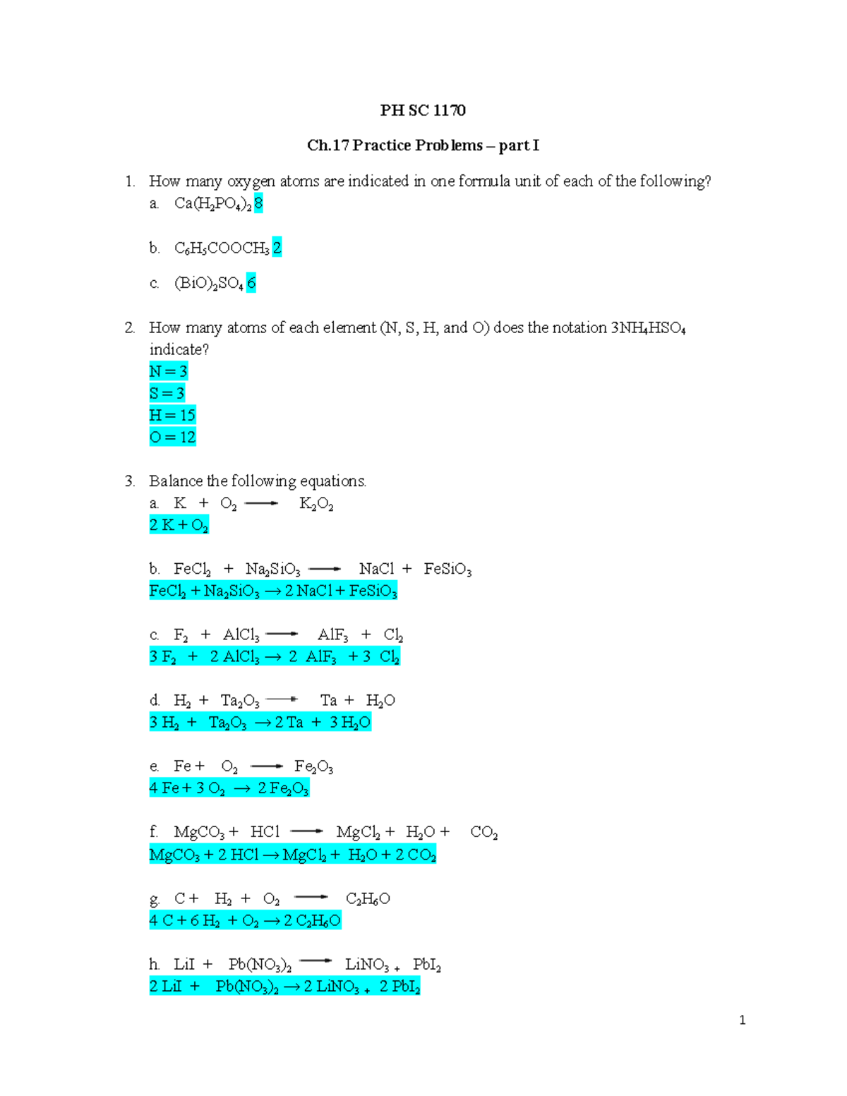 Chapter 17 practice problems - part 1 - PH SC 1170 Ch Practice Problems – part I How many oxygen ...