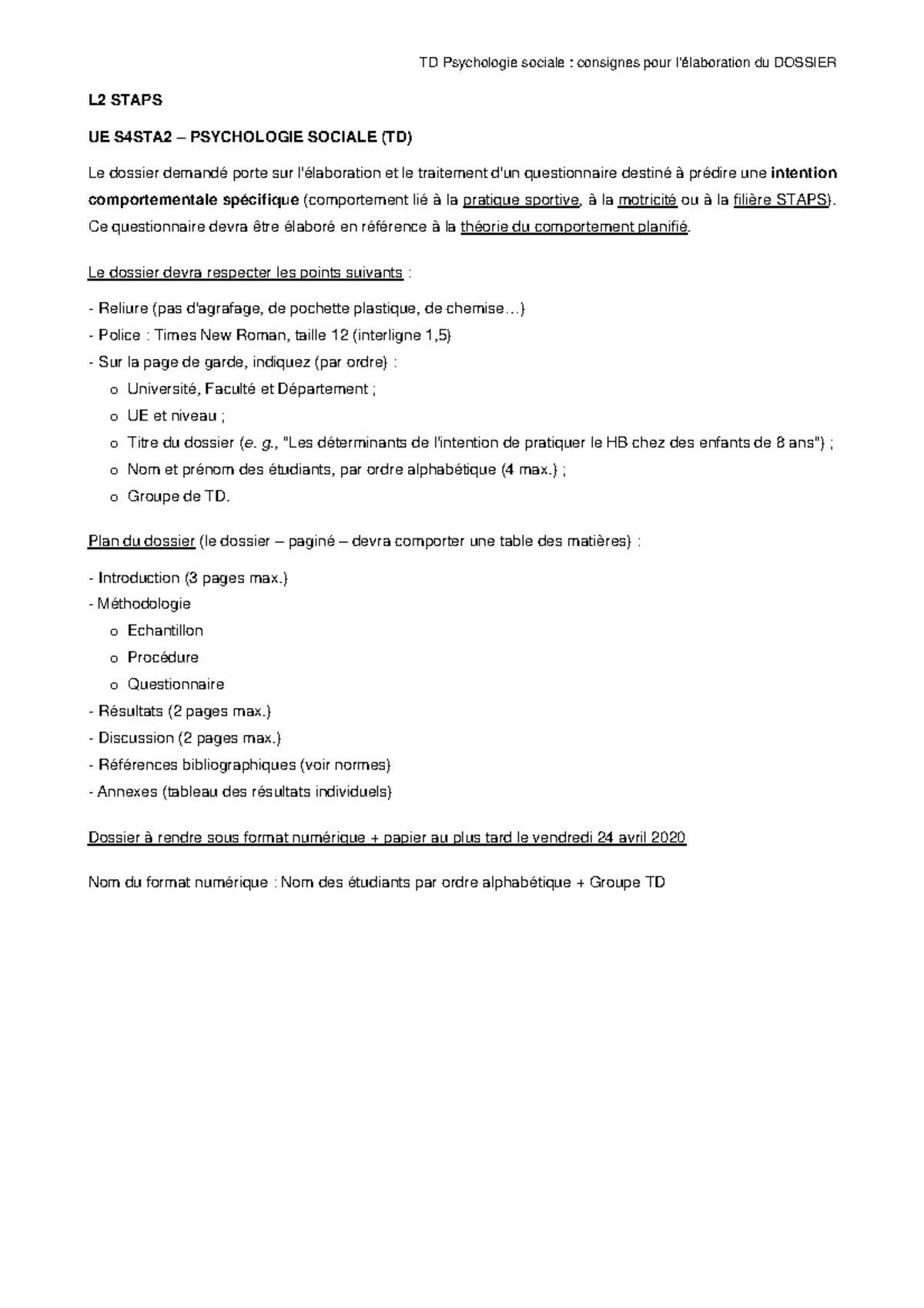 Consignes Dossier - Warning: TT: undefined function: 32 TD Psychologie sociale : consignes pour ...