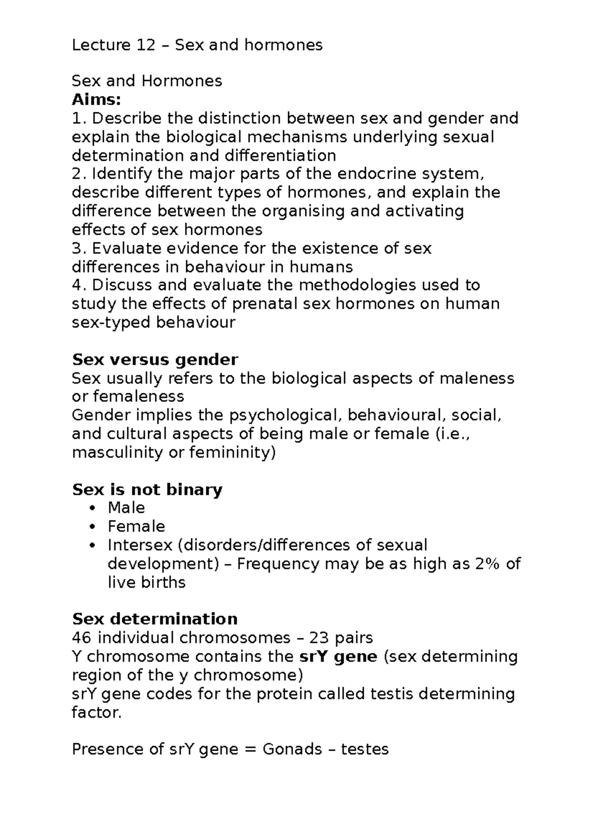 Lecture 12 - Sex and Hormones - Sex and Hormones Aims: Describe the ...