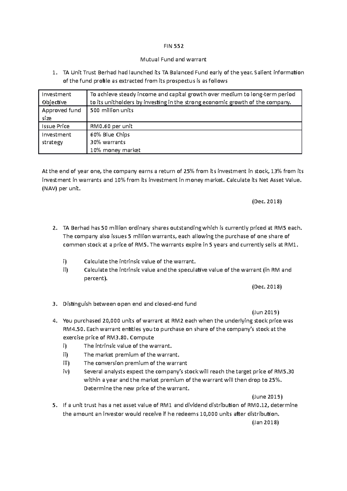 Mutual Fund and warrant - FIN 552 Mutual Fund and warrant TA Unit Trust ...