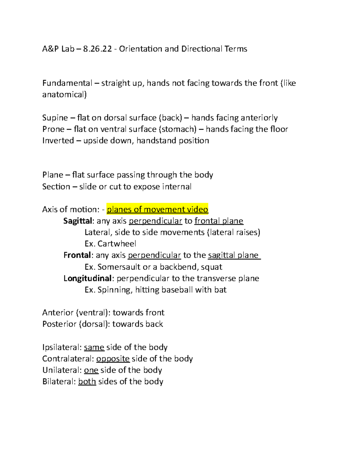 Anatomy and Physiology Lab - A&P Lab – 8.26 - Orientation and ...