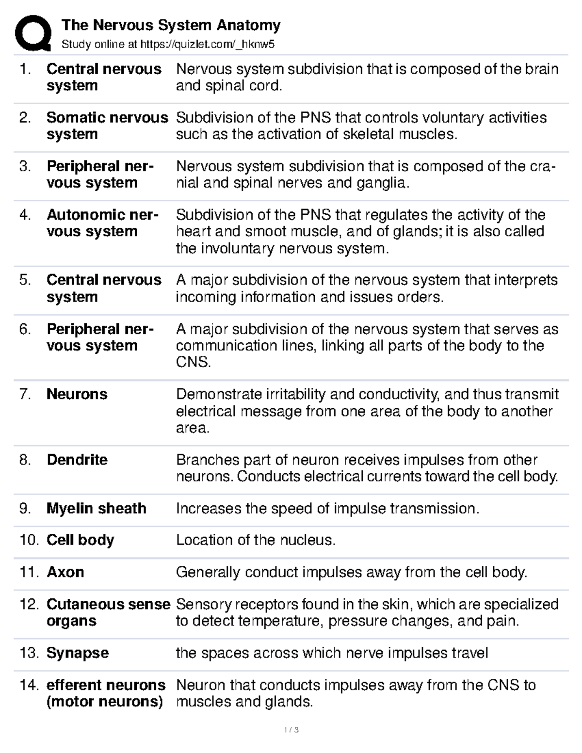 Bio 13 test ans - The Nervous System Anatomy Study online at quizlet ...