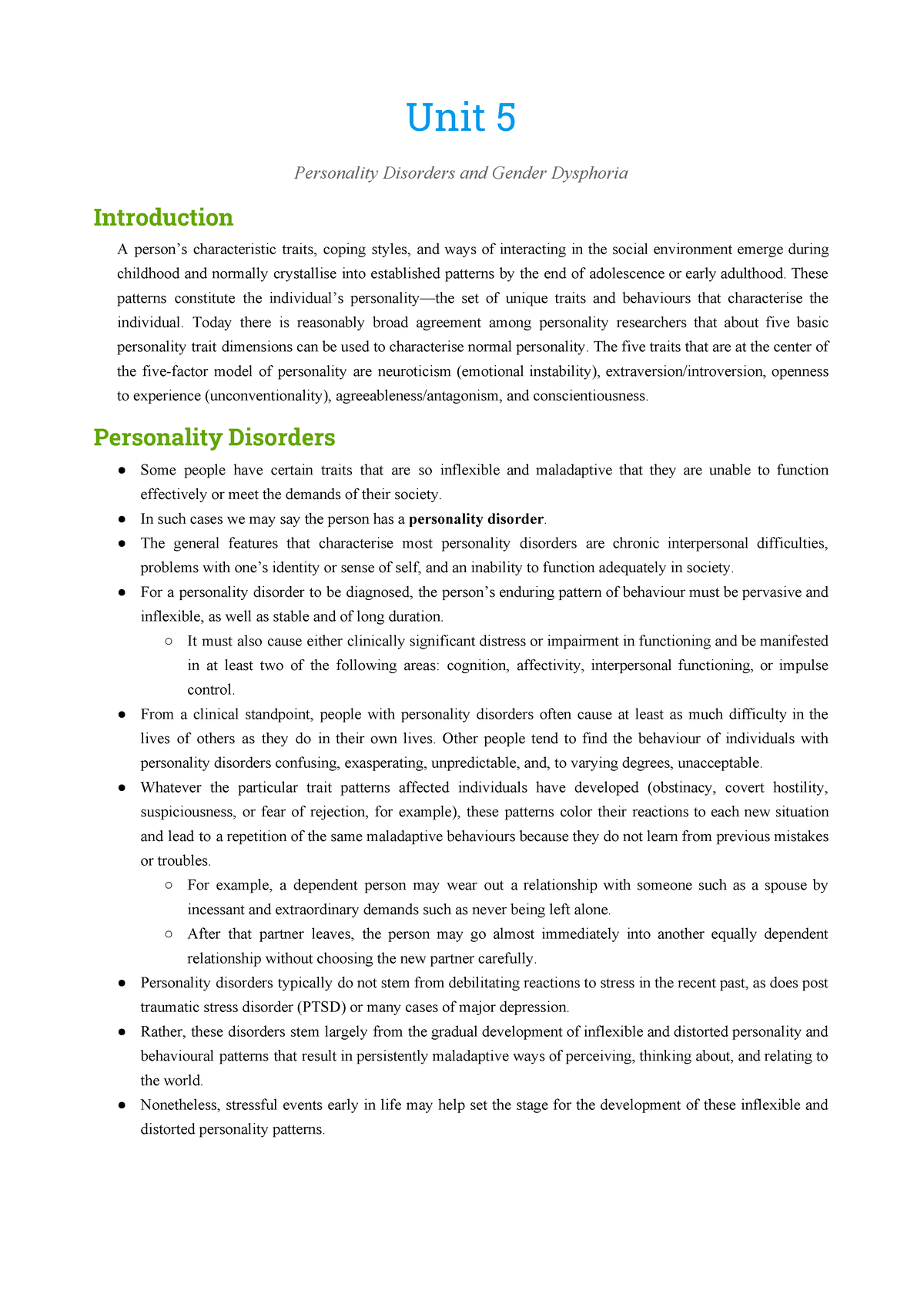Abnormal Psychology Notes-97-129 - Unit 5 Personality Disorders and ...