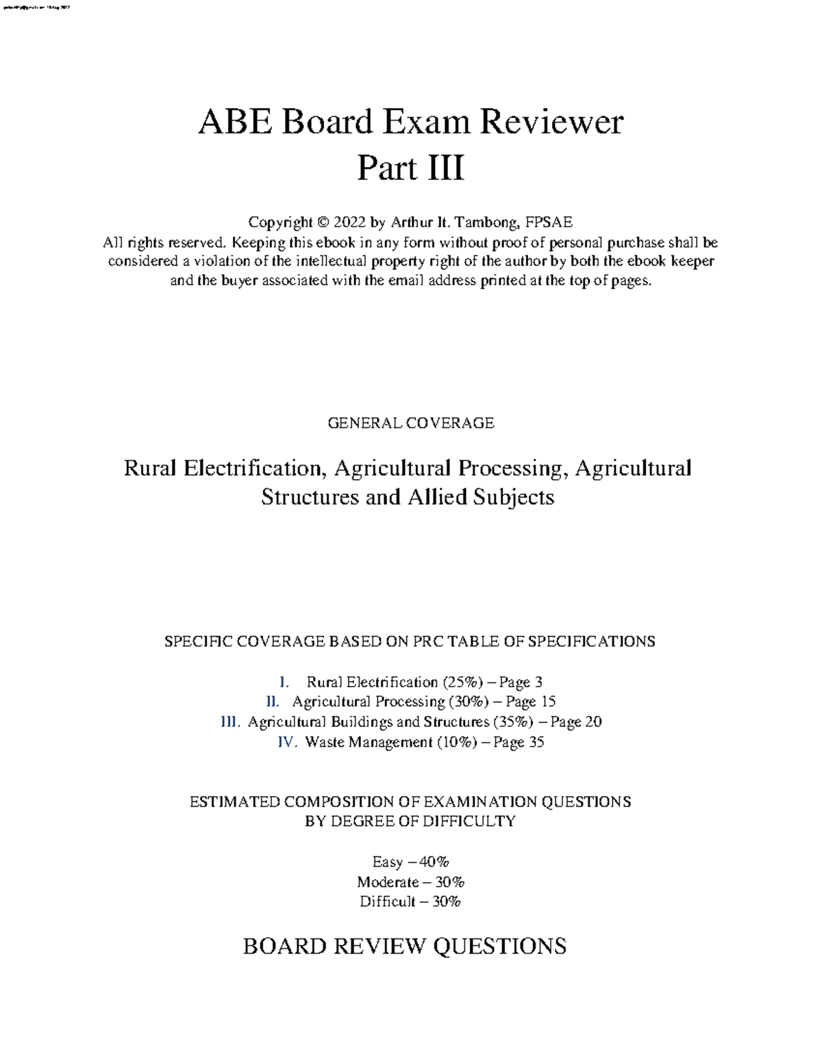 PART 3 - Tambong - ABE Board Exam Reviewer Part III Copyright © 2022 by ...