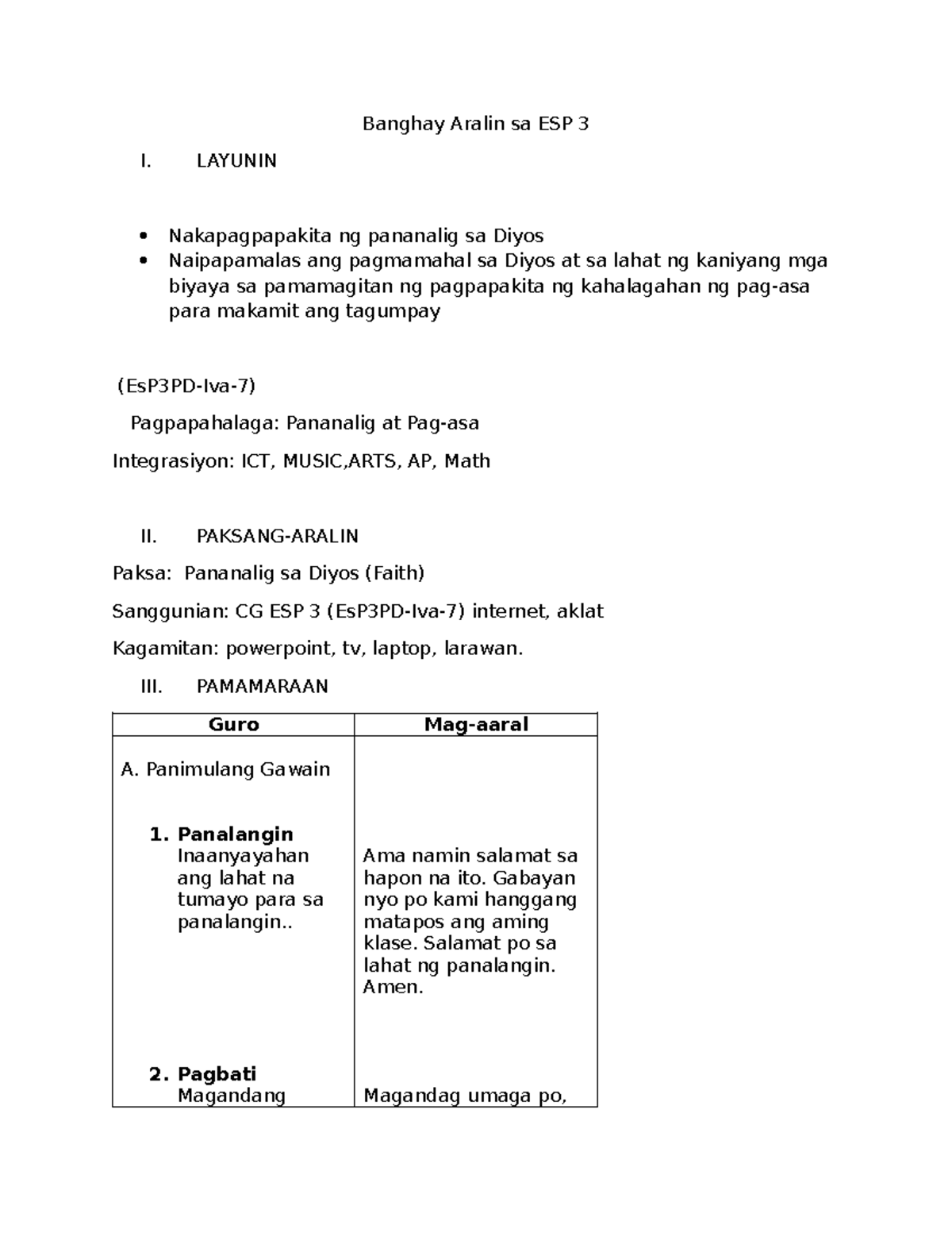 LP DEMO VED - Banghay Aralin sa ESP 3 I. LAYUNIN Nakapagpapakita ng pananalig sa Diyos - Studocu