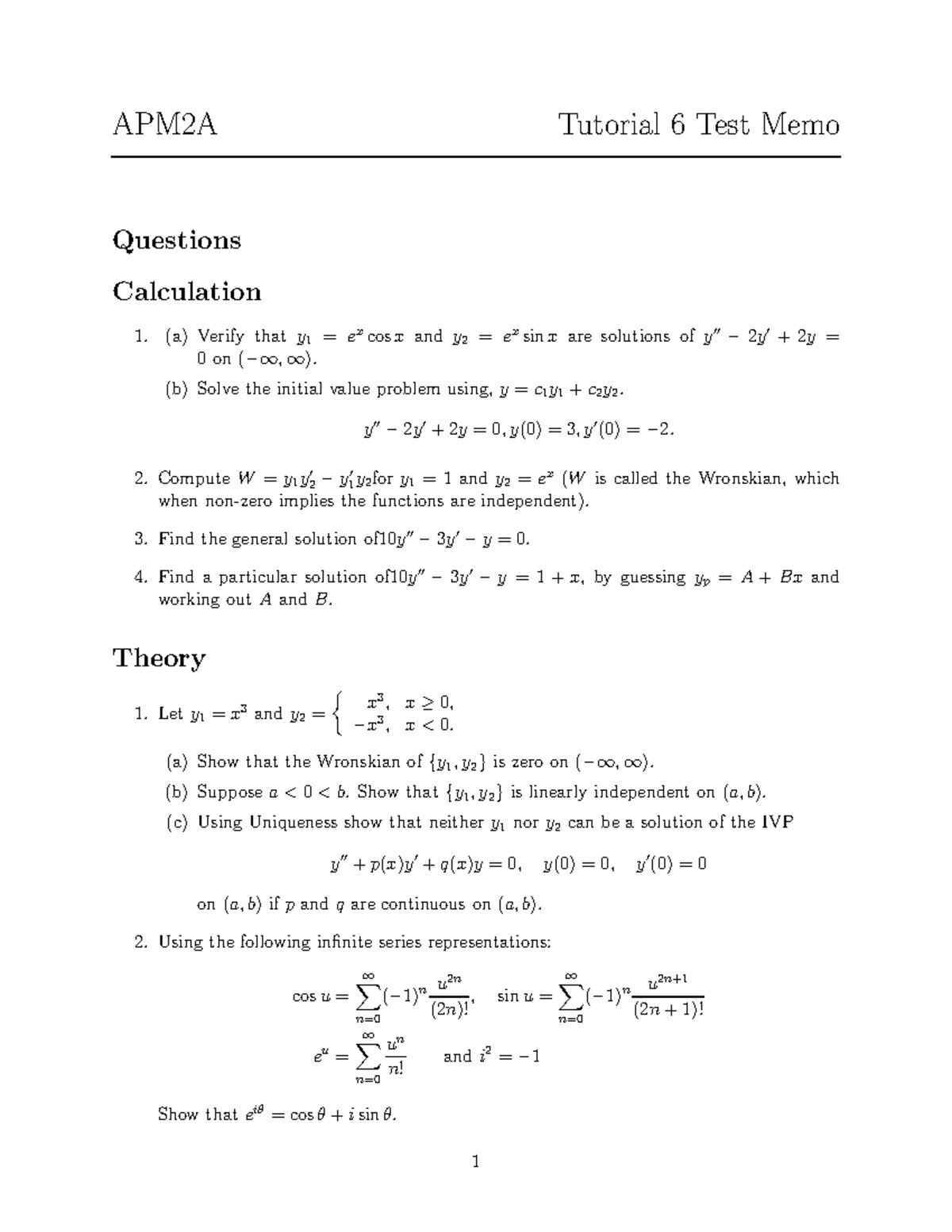Tut Test 6 Memo Tut Test 6 Memo Apm2a Tutorial 6 Test Memo Questions Calculation 1 A