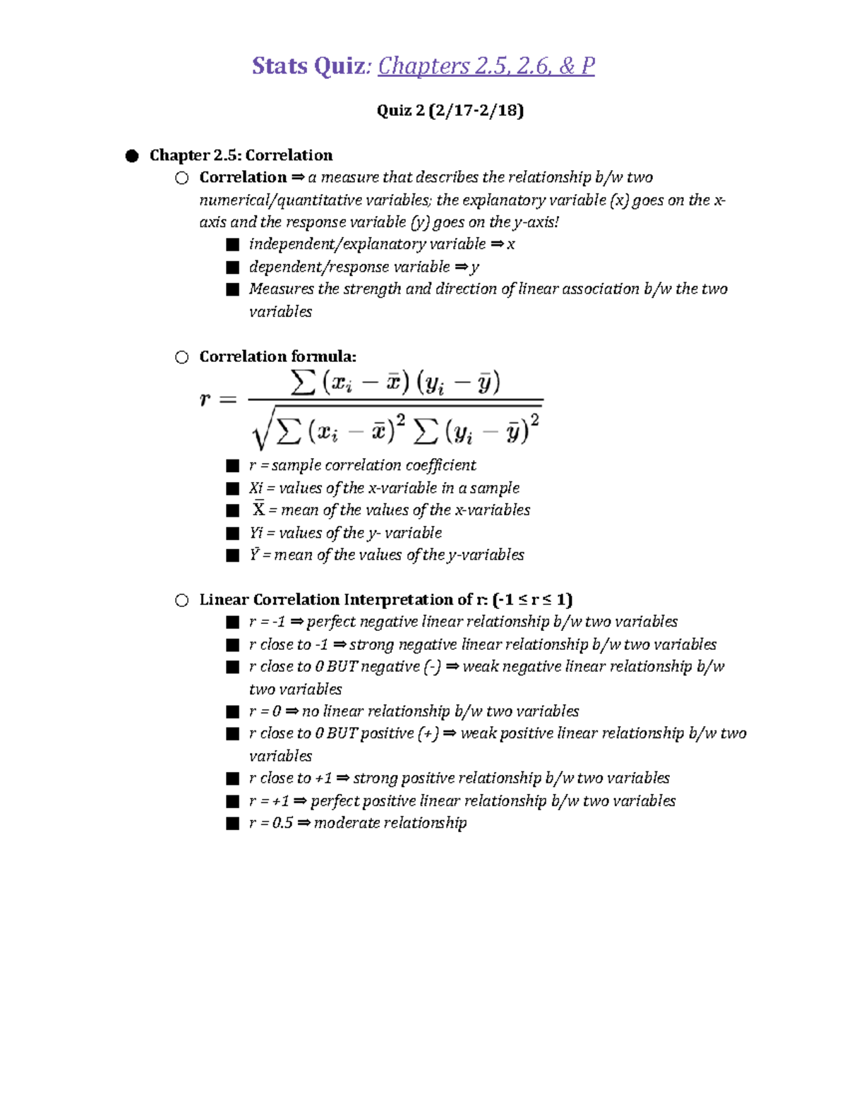 Stats Quiz 2 Study Guide - Quiz 2 (2/17-2/18) Chapter 2: Correlation ...