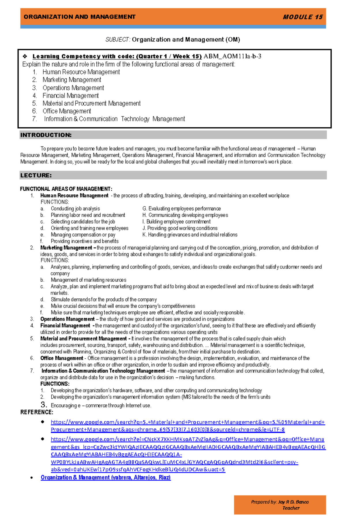 ORG MNGT Week 15 - Organization management - ORGANIZATION AND ...