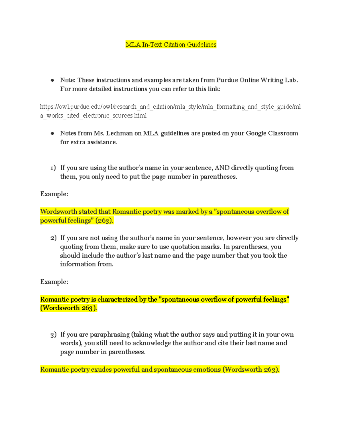 MLA Guidelines - MLA guidlines - MLA In-Text Citation Guidelines Note ...