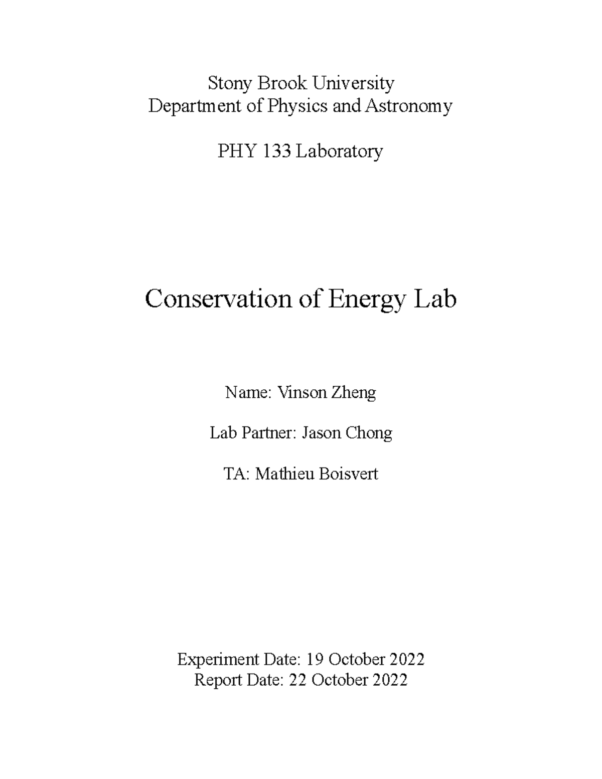 Conservation of Energy Lab Report - Stony Brook University Department ...