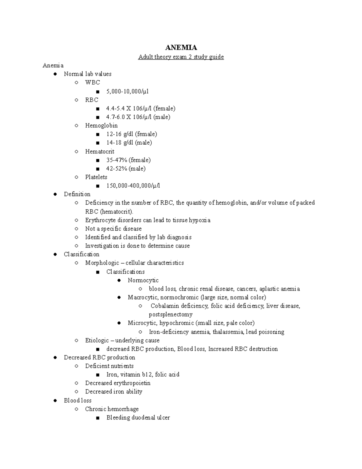 Anemia-adult theory exam 2 study guide - ANEMIA Adult theory exam 2 ...