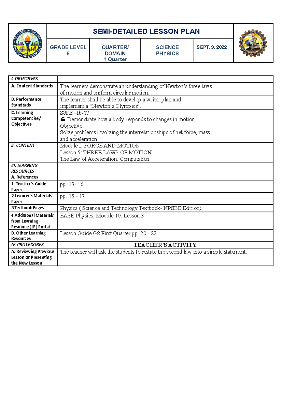 Science 8 Week 3 LP8 - GRADE LEVEL 8 QUARTER/ DOMAIN 1 Quarter SCIENCE ...