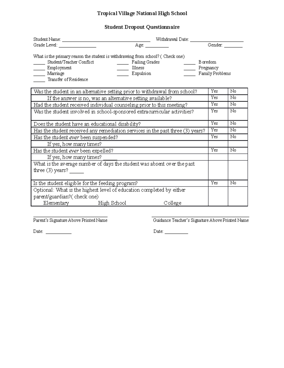 Drop -out survey Form - form used by guidance advocate - Tropical ...