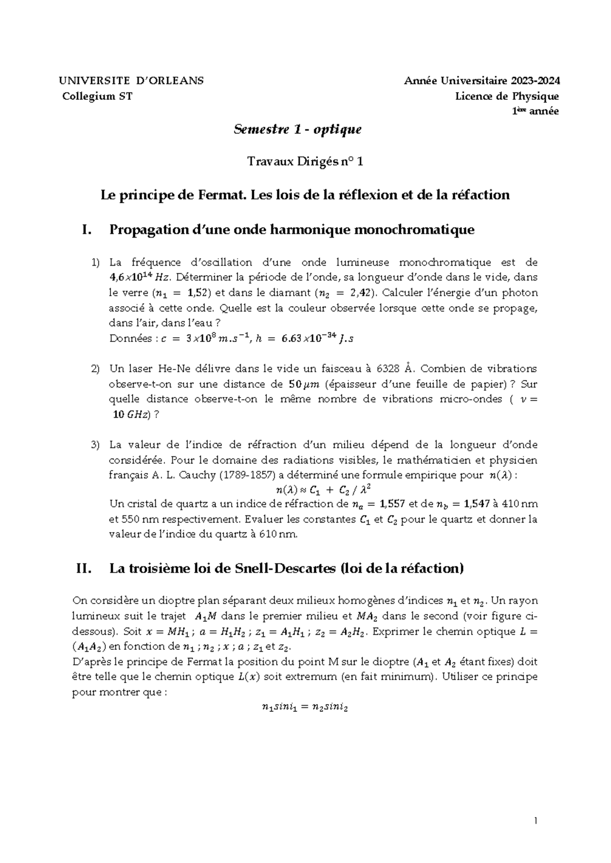 TD optique n1 23 24 L1 - 1 UNIVERSITE D’ORLEANS Année Universitaire 2023 - 2024 Collegium ST ...