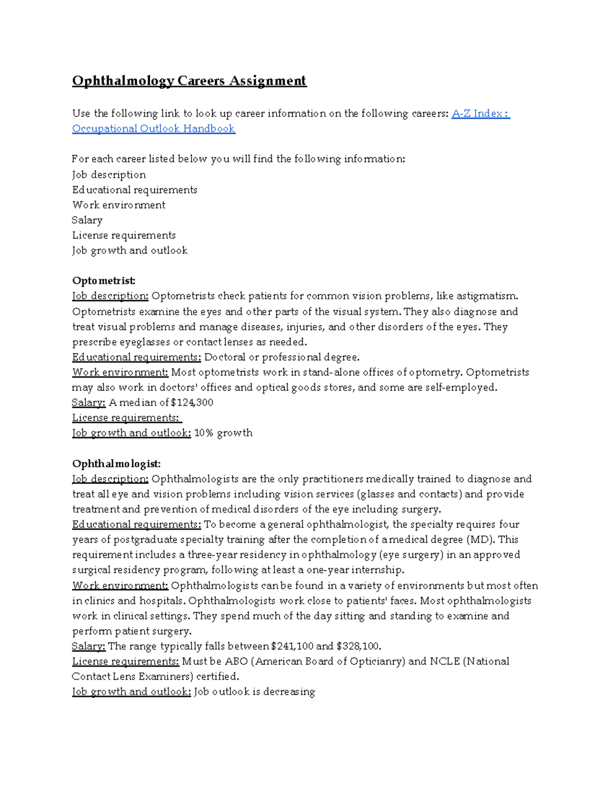 Ophthalmology Careers Assignment - Optometrists examine the eyes and ...