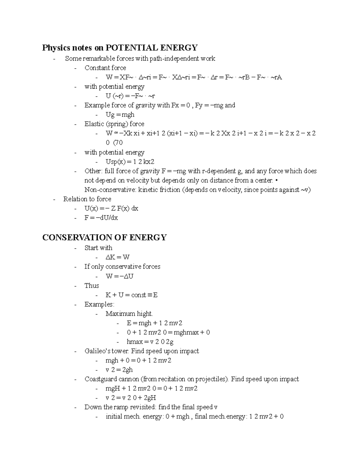 Physics notes on Potential Energy and Conservation OF Energy - Physics ...