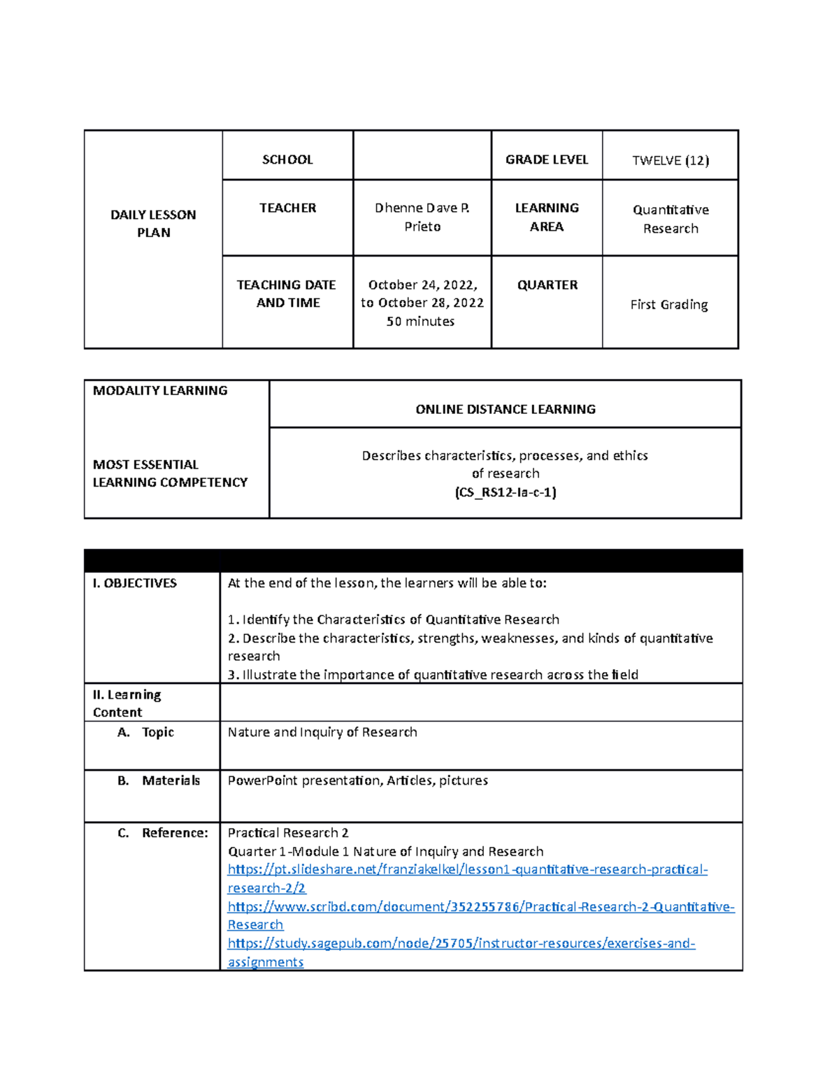 Daily Lesson PLAN 1 - For Teachers - DAILY LESSON PLAN SCHOOL GRADE ...