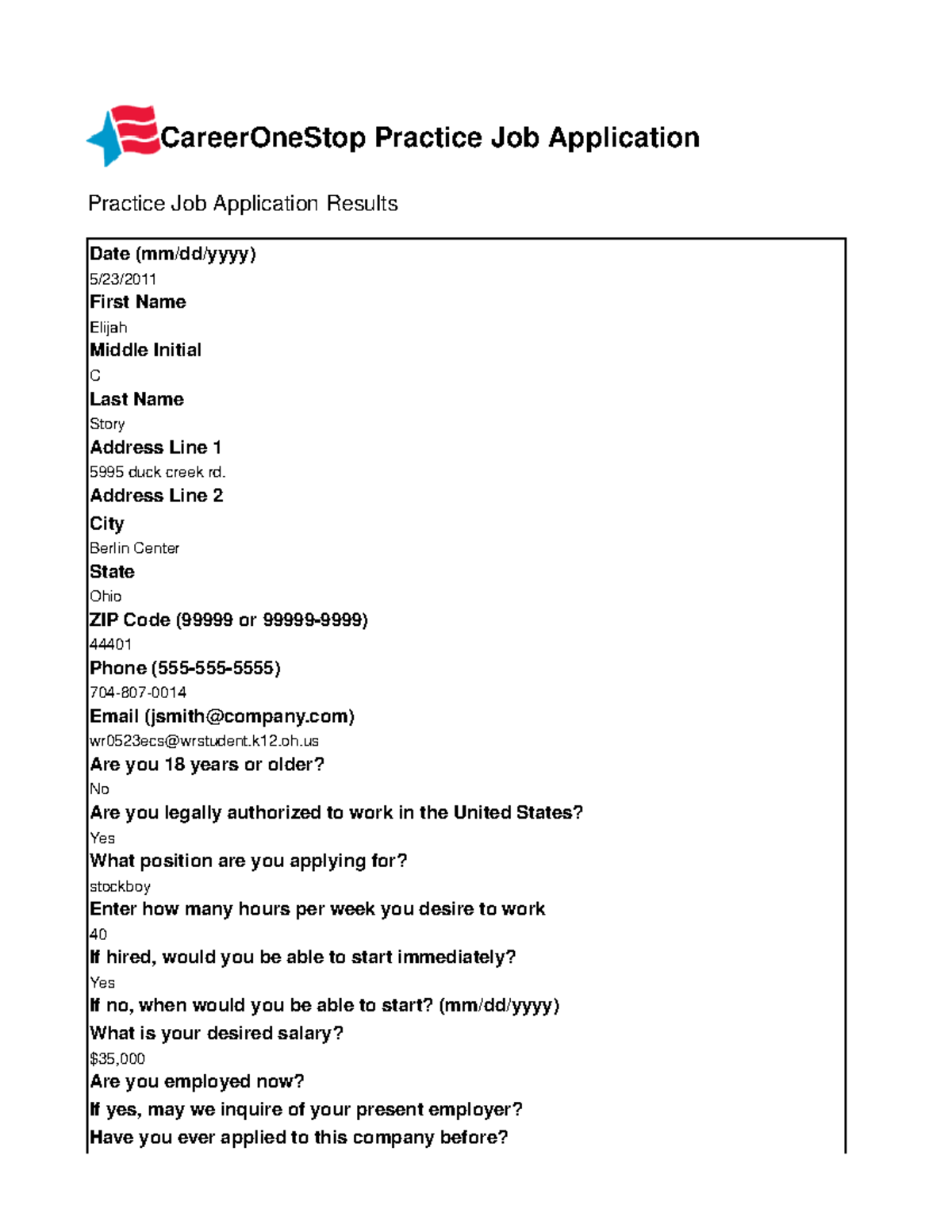 Practice Job Application Results - CareerOneStop Practice Job ...