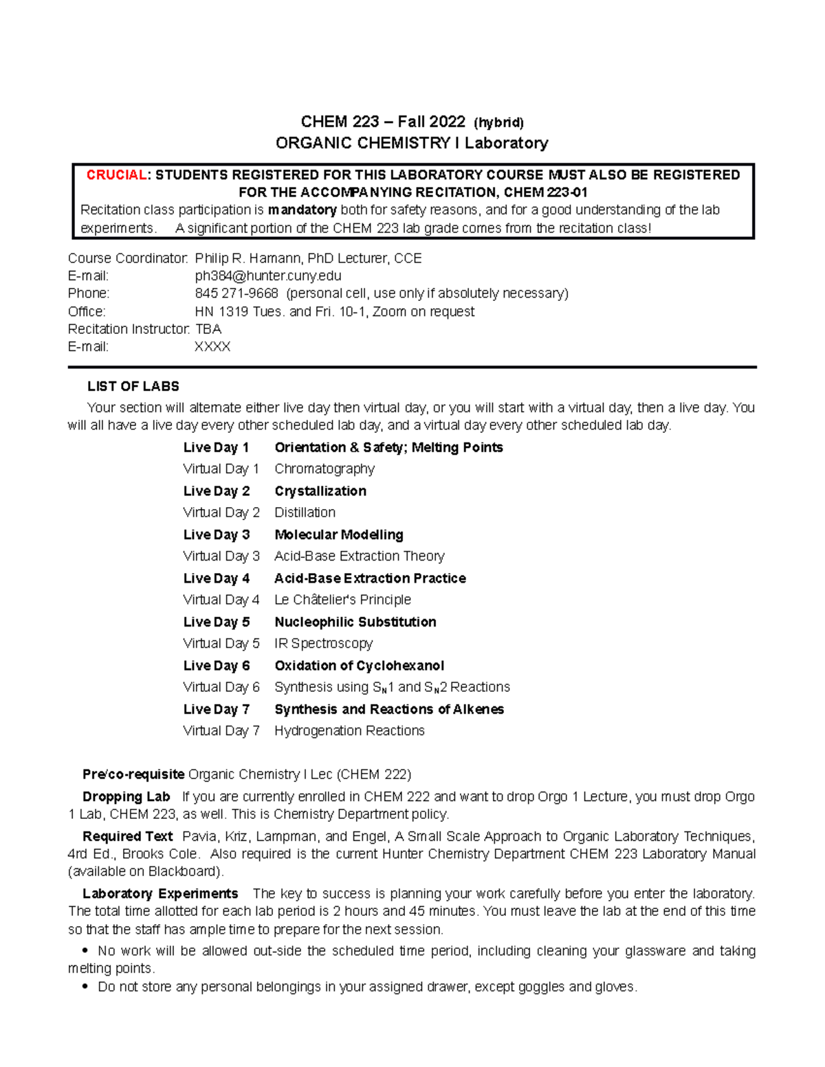 Chem 223 Hybrid Syllabus F22 - CHEM 223 – Fall 2022 (hybrid) ORGANIC ...