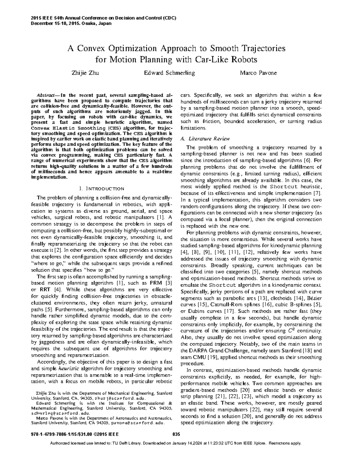A Convex Optimization Approach To Smooth Trajectories For Motion Planning With Car Like Robots