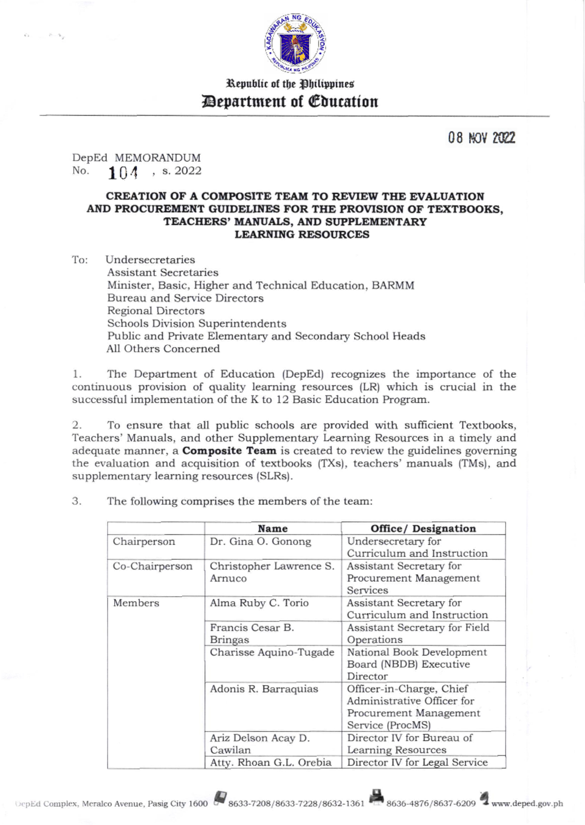 Creation of a Composite Team to Review the Evaluation and Procurement ...