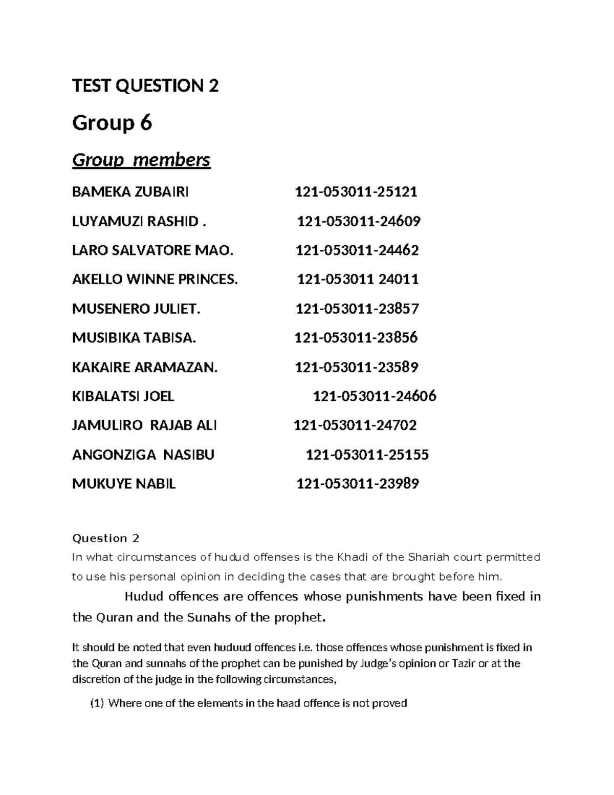 Tazir test QN 2 - Tarzil offences in ICL. - TEST QUESTION 2 Group 6 ...