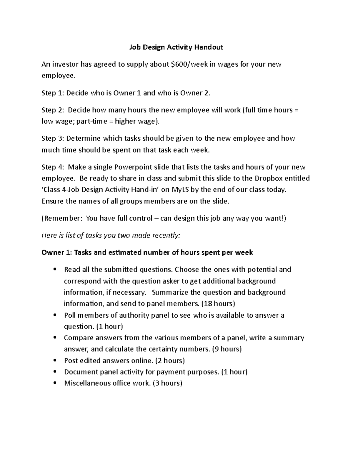 Class 4 Job Design Activity Handout - Job Design Activity Handout An ...