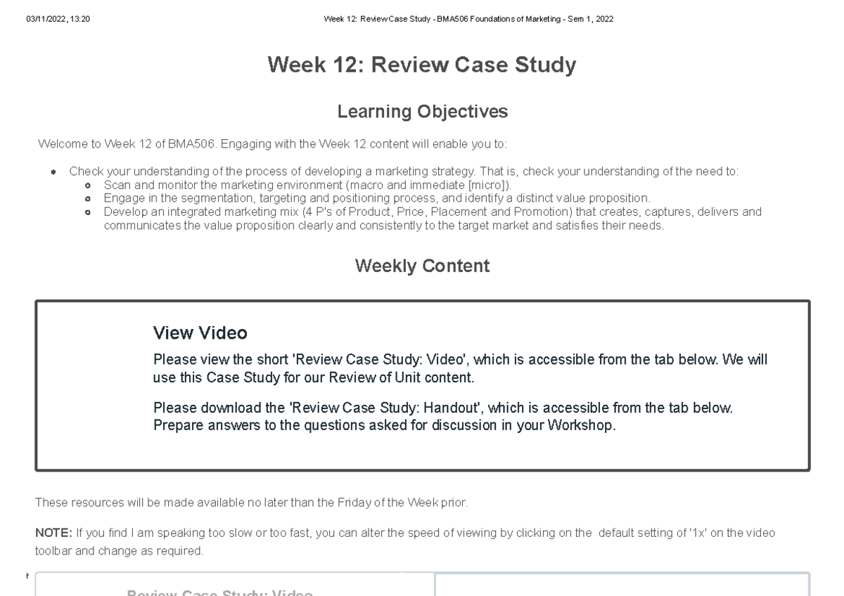 Week 12 Review Case Study - BMA506 Foundations of Marketing - Sem 1 ...