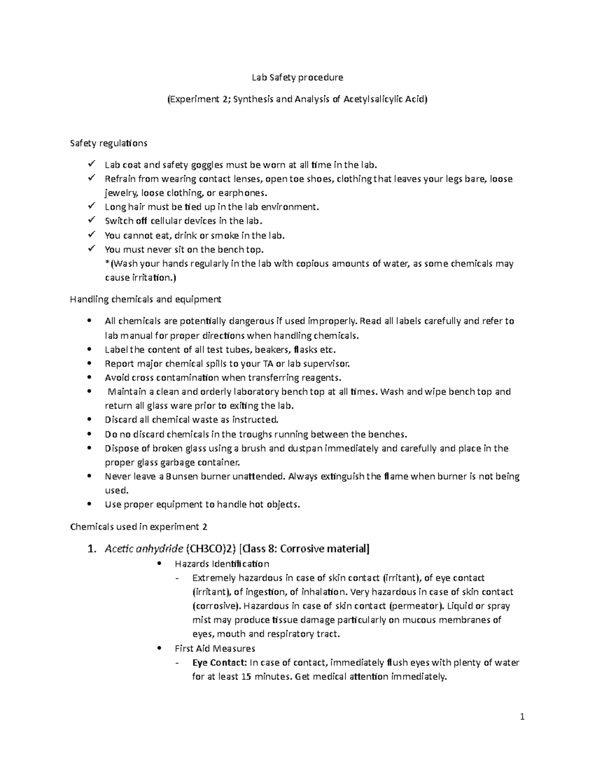 Lab Safety procedure - Lab Safety procedure (Experiment 2; Synthesis ...