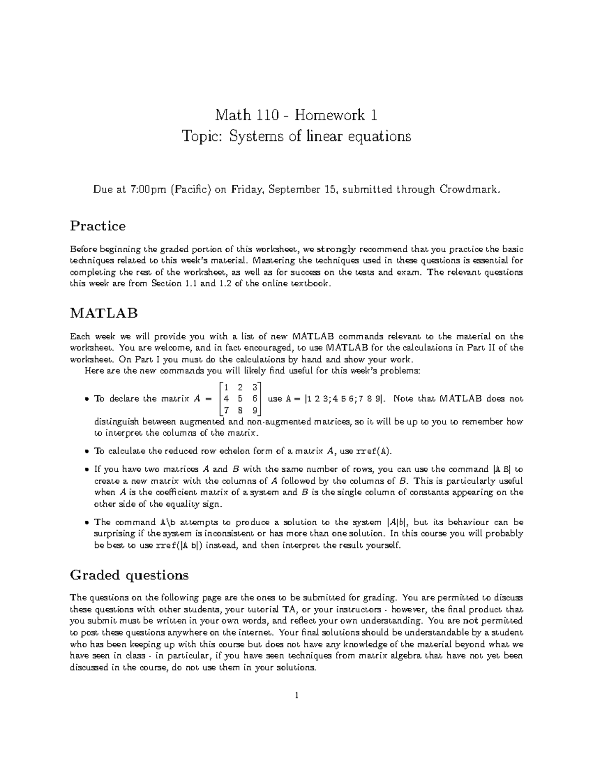 A1 - assignment - Math 110 - Homework 1 Topic: Systems of linear ...