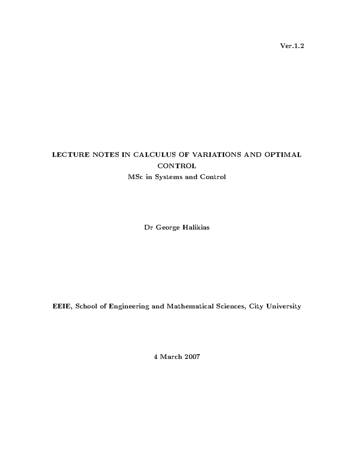Calculus Variations Optimal Control Ver Lecture Notes In Calculus Of 