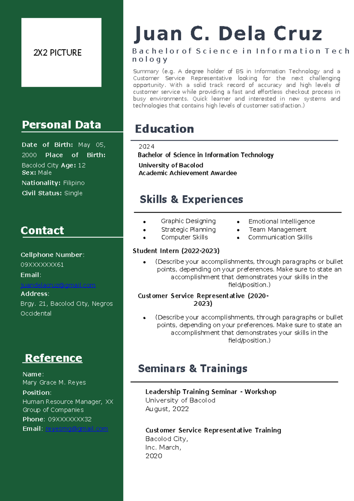 Mock Job Interview Resume Template - 2X2 PICTURE Personal Data Date of ...
