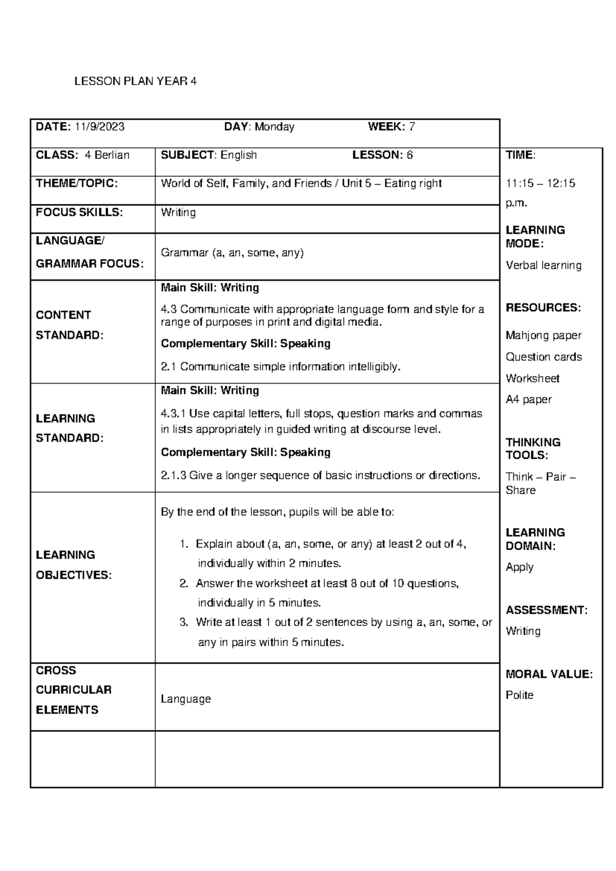 LP YEAR 4 - UNIT 5 (110923) WEEK 7 - LESSON PLAN YEAR 4 DATE: 11 / 9 ...