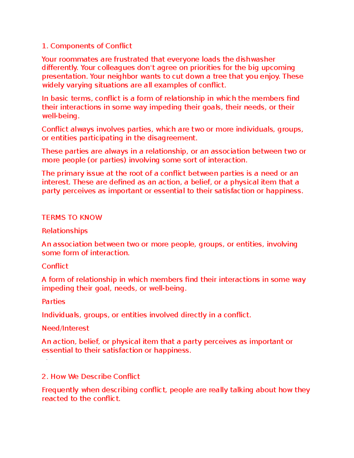 Notes 2- Conflict Resolution Sophia - Components of Conflict Your ...