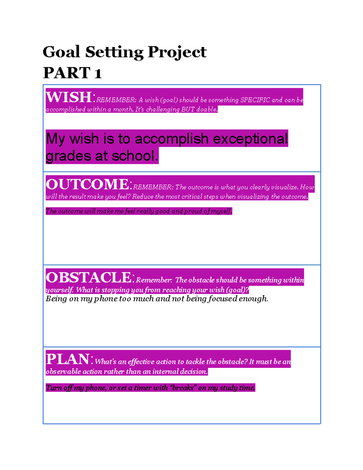 Mariana WOOP Goal Setting Project - Goal Setting Project PART 1 WISH ...