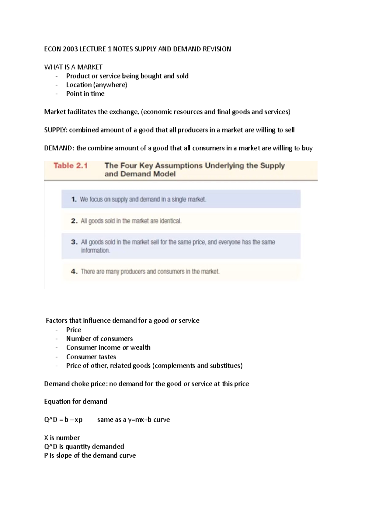 ECON 2003 Lecture 1 Notes Supply AND Demand Revision - ECON 2003 ...