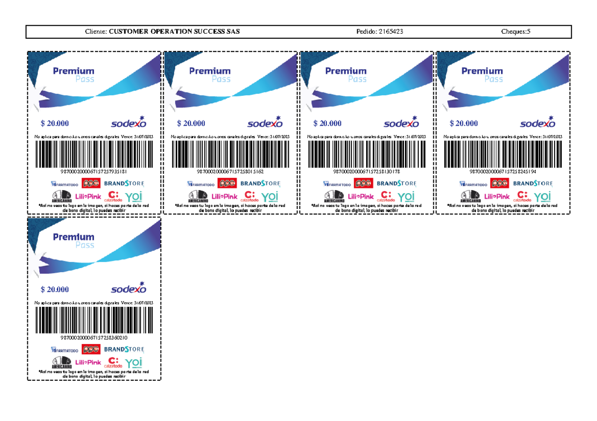 Pedido 2165423 Chequera 616 - $ 20. ####### $ 20. ####### $ 20 ...