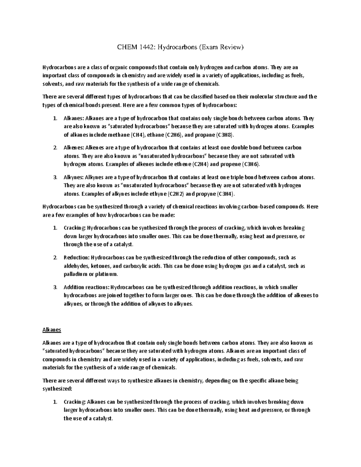 Organic Chemistry: Hydrocarbons - CHEM 1442: Hydrocarbons (Exam Review ...