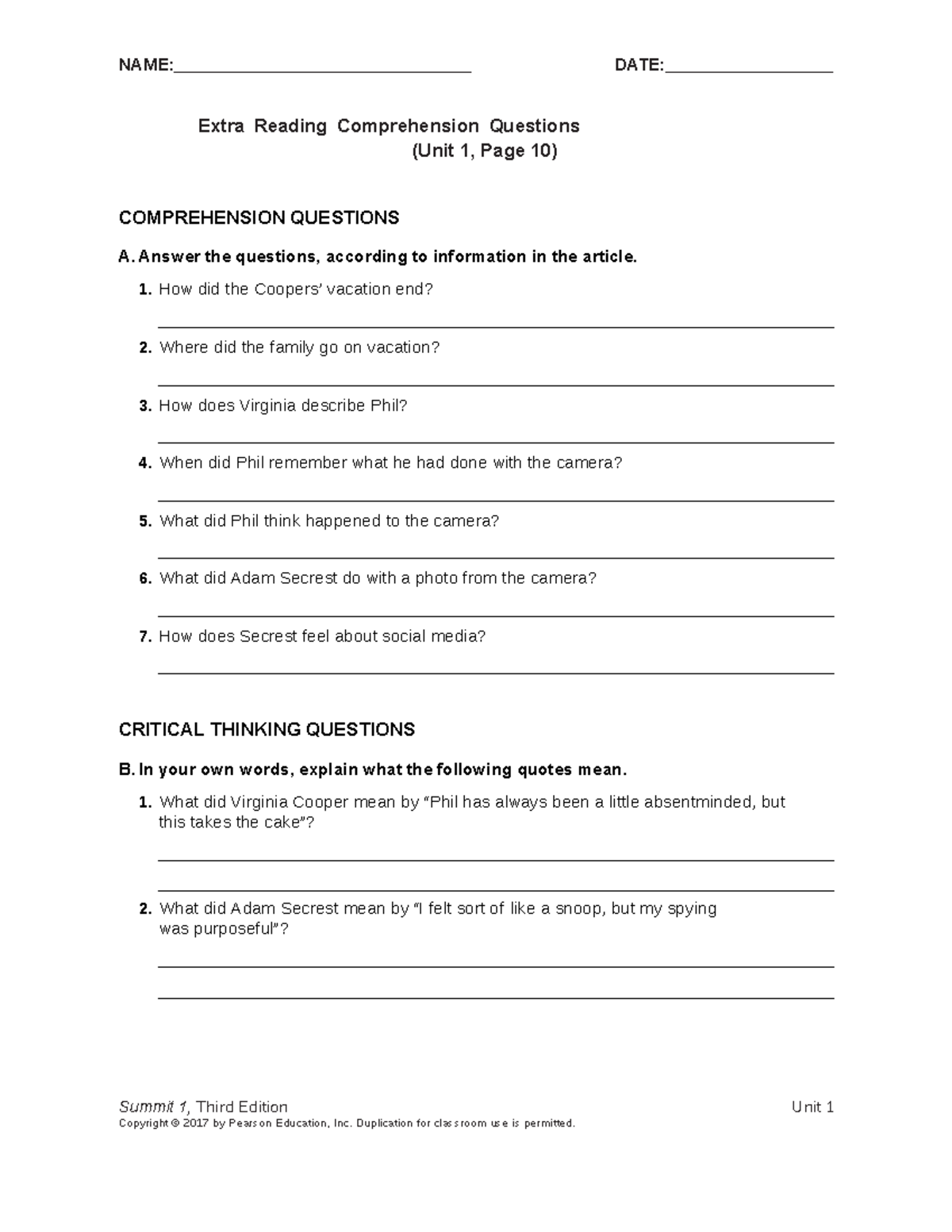 Reading question 1 - Homework - NAME: DATE: Extra Reading Comprehension ...