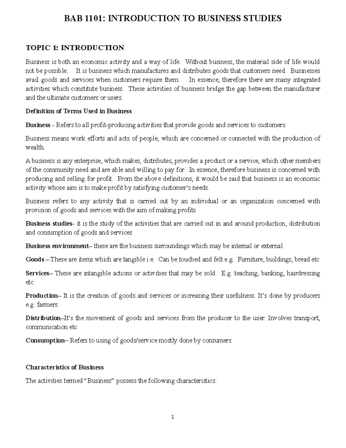 BAB 1101 Notes Introduction to Business Studies - BAB 1101 ...