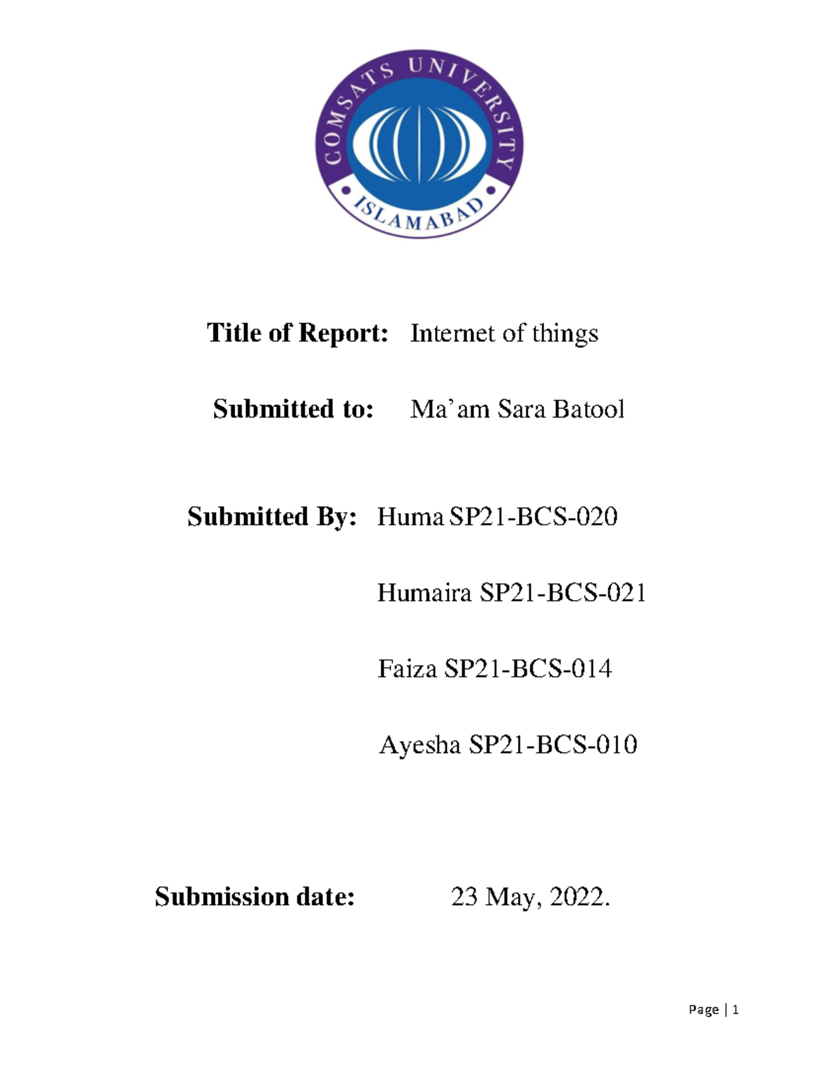 SP21-BCS-020 Project Report .pdf - Title of Report: Internet of things ...