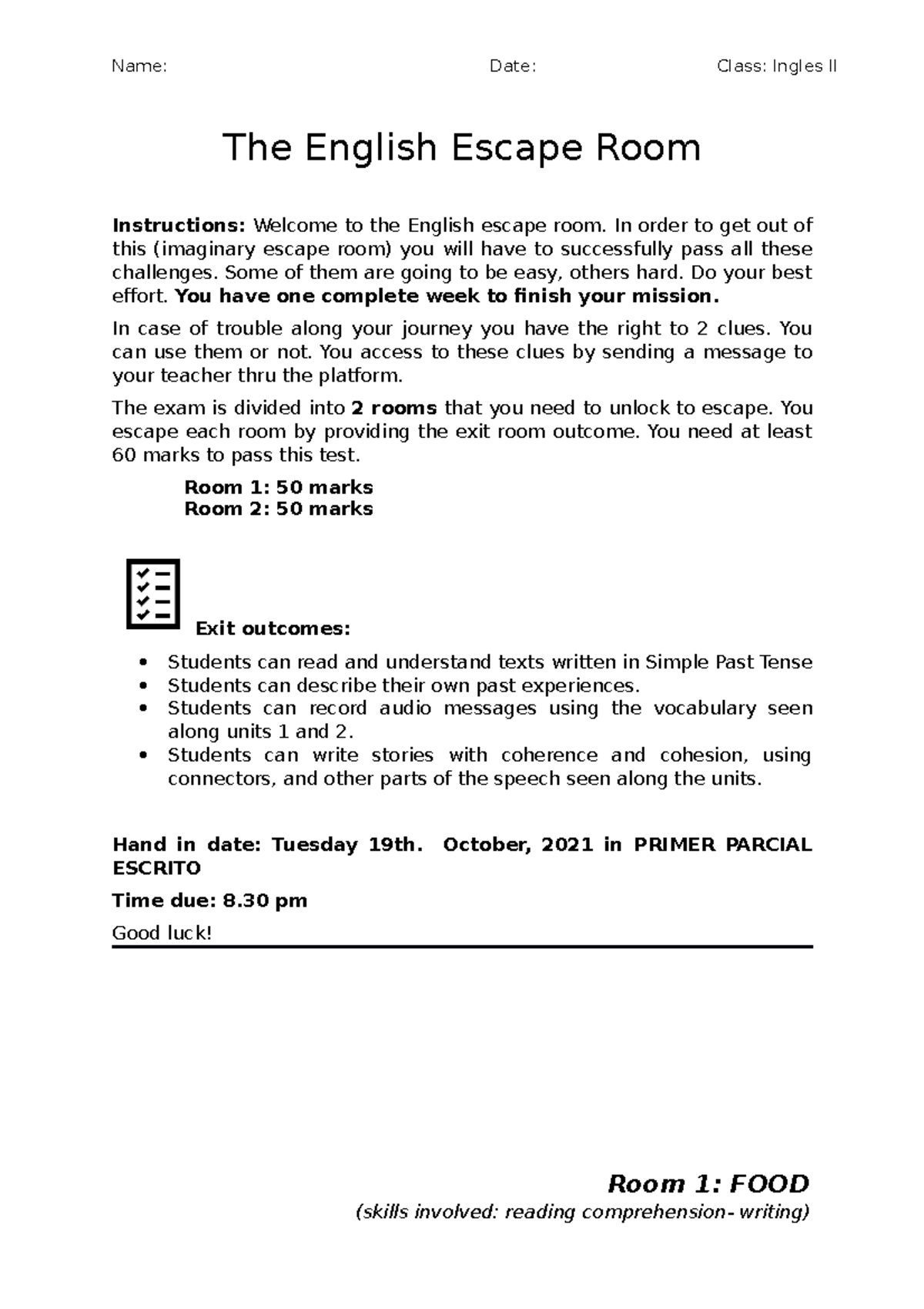 Parcial Ingles - The English Escape Room Instructions: Welcome to the ...