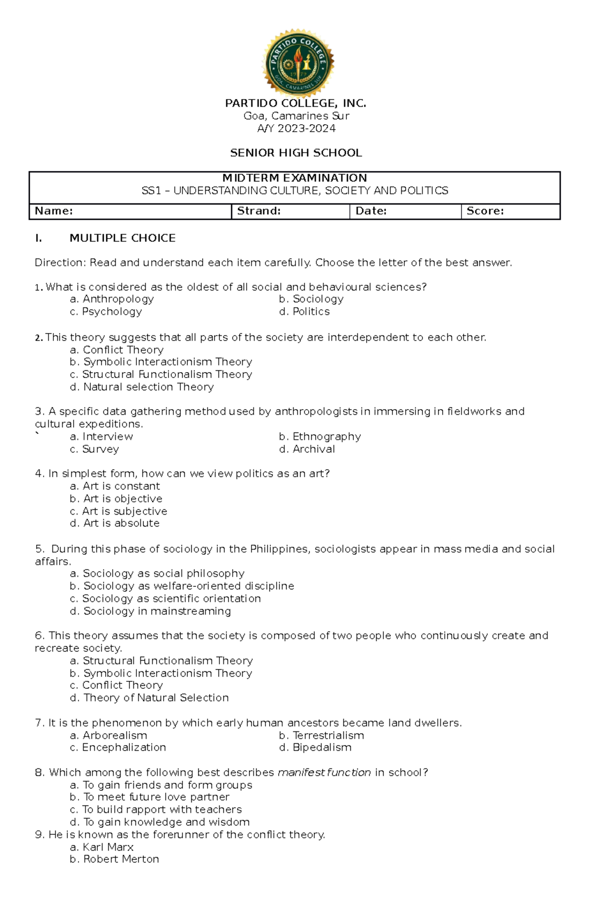 SS1 Midterm - important - PARTIDO COLLEGE, INC. Goa, Camarines Sur A/Y ...
