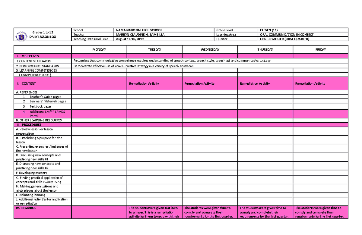 DLL (August 12) - Reference - Grades 1 to 12 DAILY LESSON LOG School ...