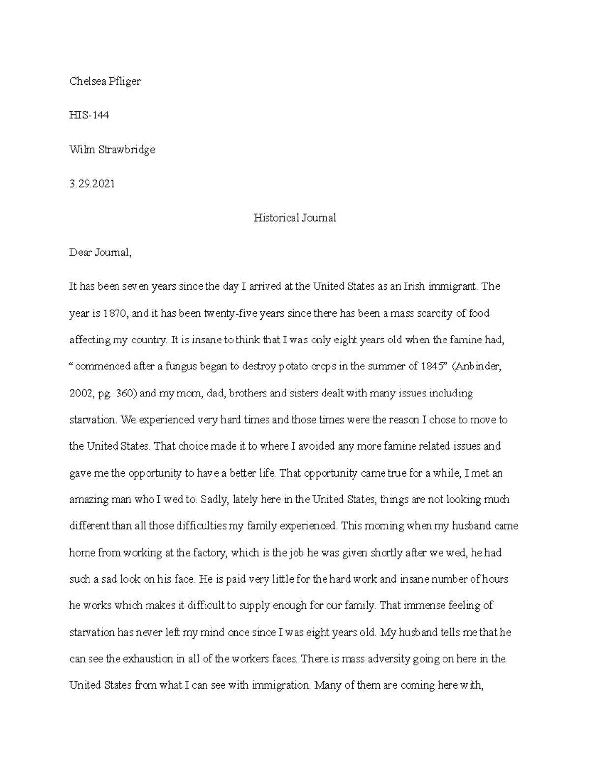 Historical Journal - Chelsea Pfliger HIS- Wilm Strawbridge Historical ...