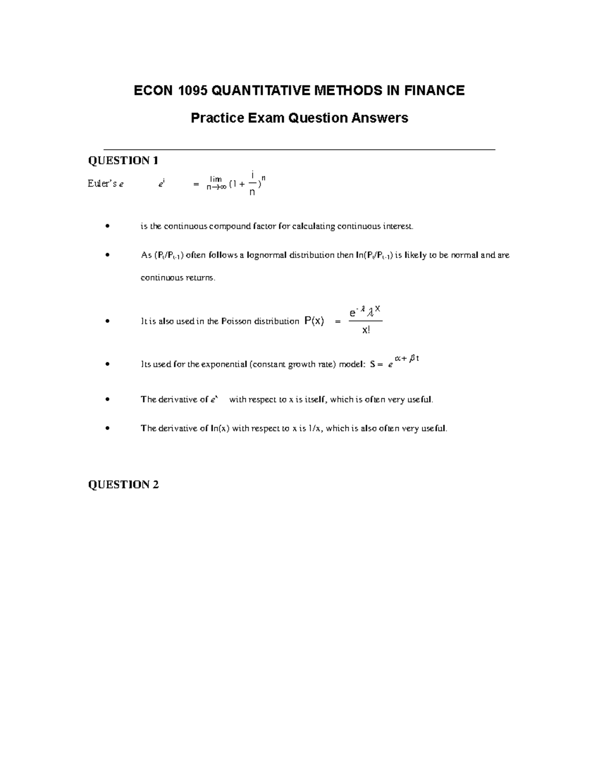 QM Practice Exam Question Answers - ECON 1095 QUANTITATIVE METHODS IN ...