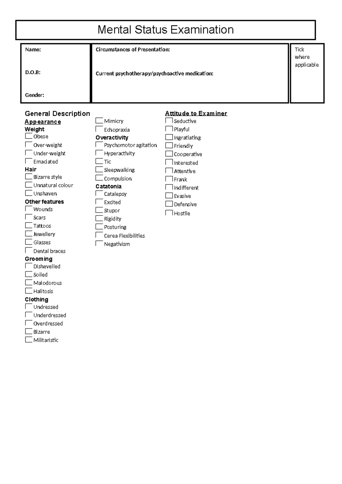 MSE tick boxes - Tick where applicable Mental Status Examination Name ...