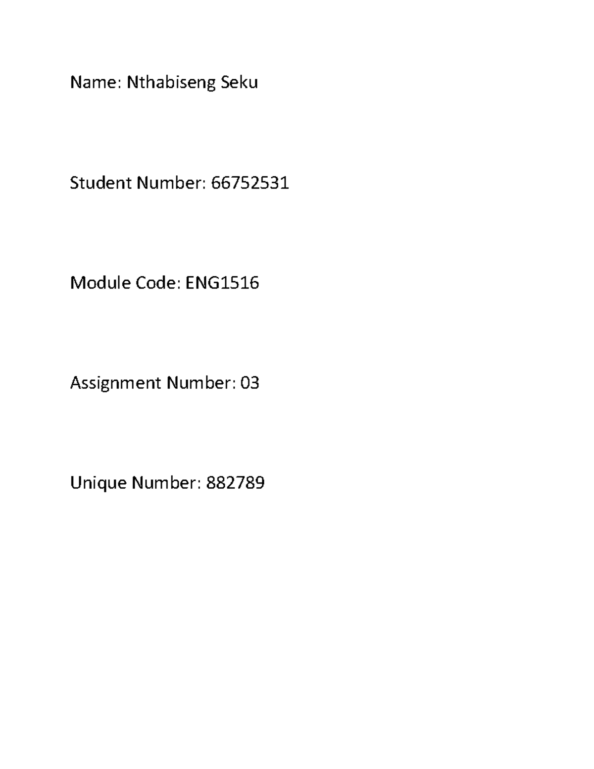 Eng1516 ass 2 - assignment 2 answers - Name: Nthabiseng Seku Student Number: Module Code: ENG ...