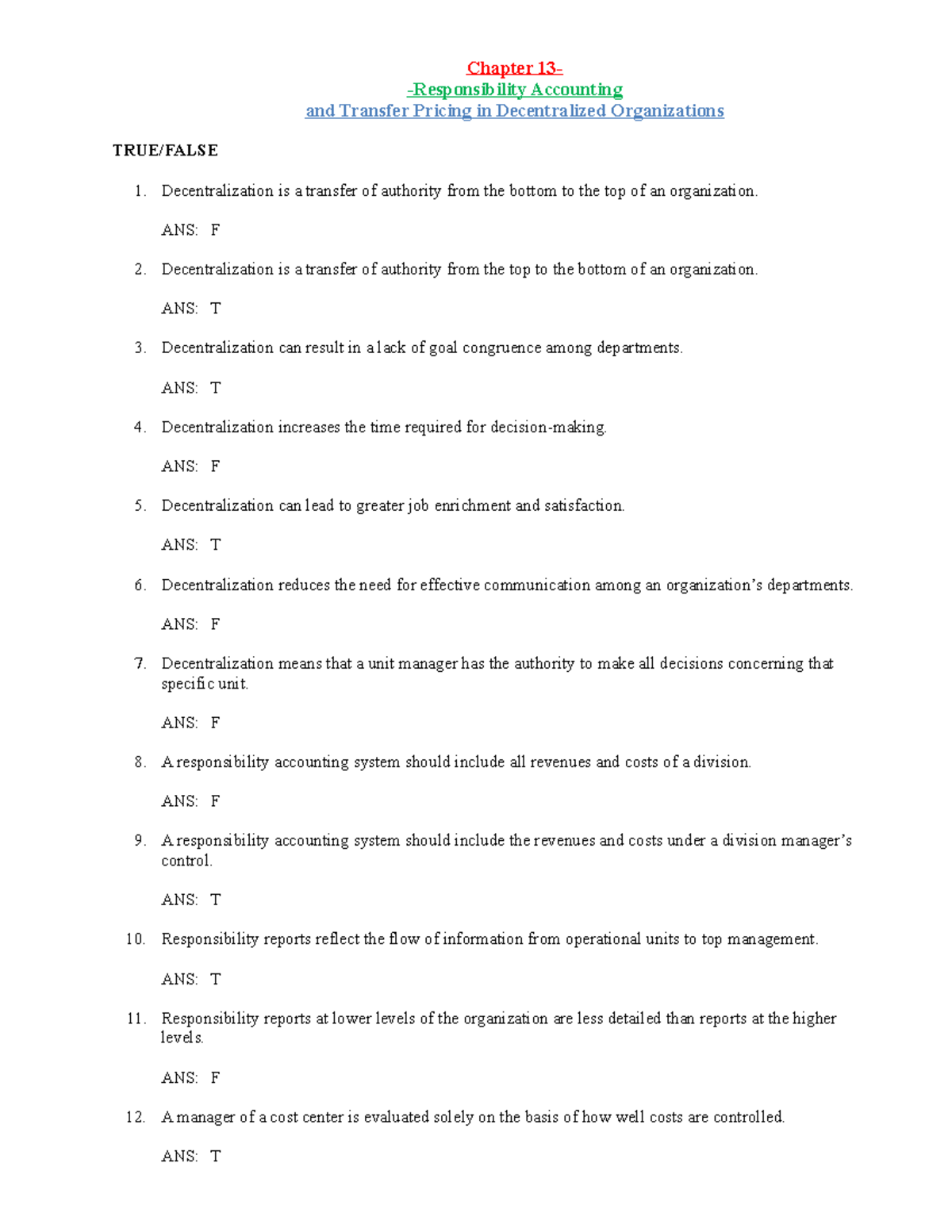 Ch13 Responsibility Accounting and Transfer Pricing - Chapter 13 ...